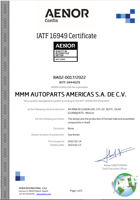 MMM Autoparts Americas SA de CV logra la certificación IATF 16949:2016 ...